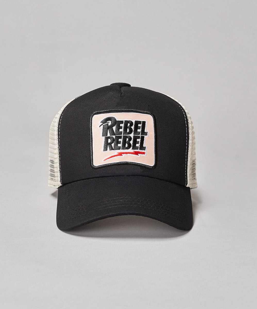 David Bowie Rebel Rebel Trucker Cap- Black/ White – Lucky Seven Caps